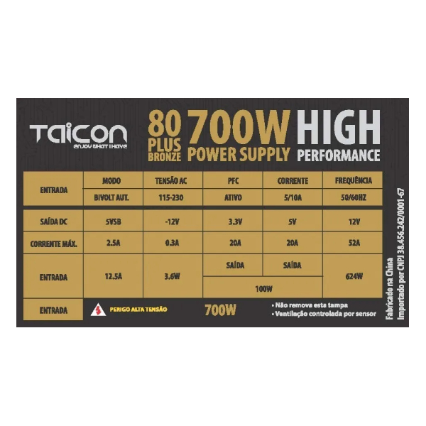 Fonte Real Atx 700w 80 Plus Bronze Pfc 7 Sata 3 Ide 1 Pci-e - Taicon